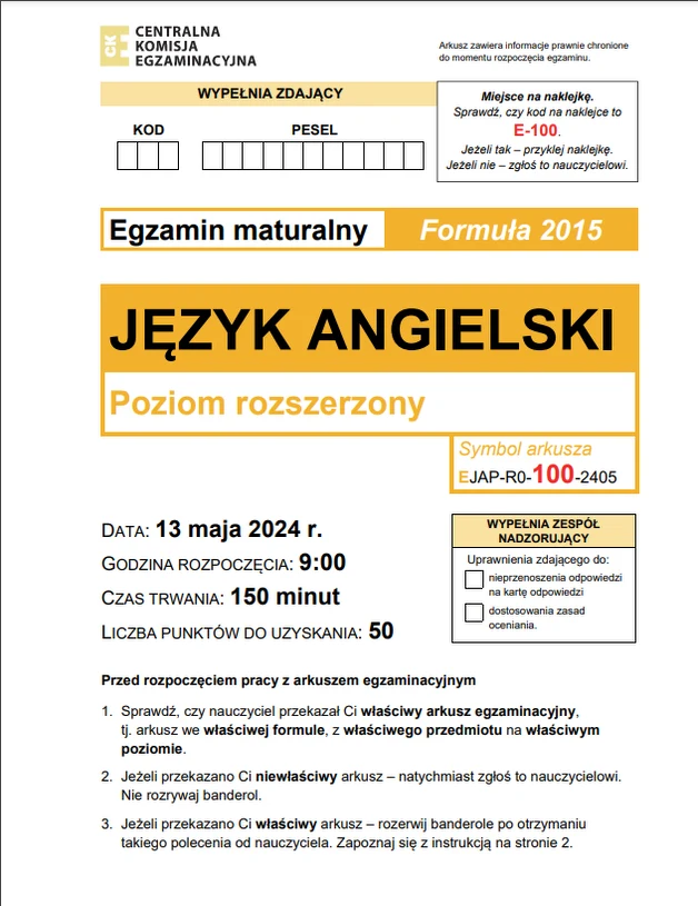 Matura 2024. Język angielski - poziom rozszerzony, formuła 2015. Arkusz CKE i rozwiązania ...