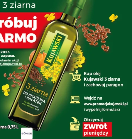 Kujawski 3 ziarna Olej rzepakowy z olejami z lnu i pestek dyni 750 ml - promocja Topaz - Ding.pl
