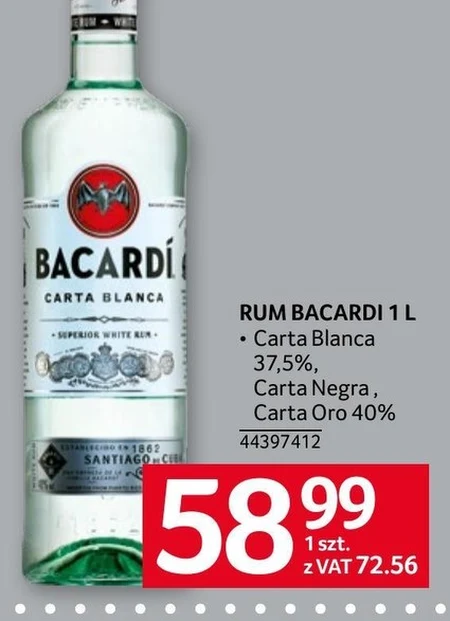 Bacardi Carta Blanca Rum 1 l - promocja Selgros Cash&Carry - Ding.pl
