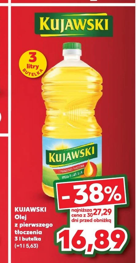 Kujawski Olej rzepakowy z pierwszego tłoczenia 3 l - 38% TANIEJ! - promocja Kaufland - Ding.pl