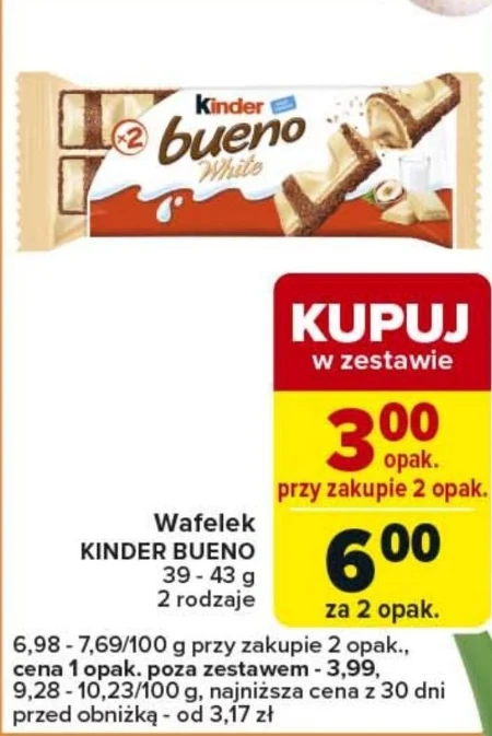 Kinder Bueno Wafel pokryty mleczną czekoladą wypełniony nadzieniem 43 g ...